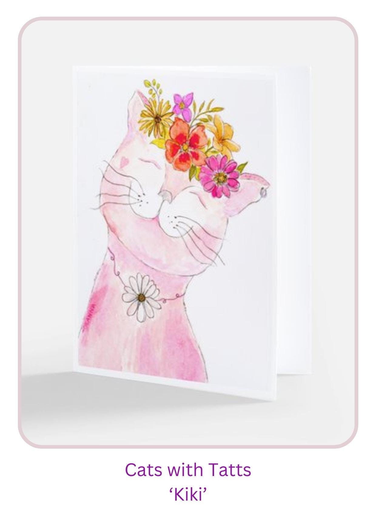 Whimsical Watercolor Cat Note Cards, 'kiki' cats With Tatts, 5 Cards ...