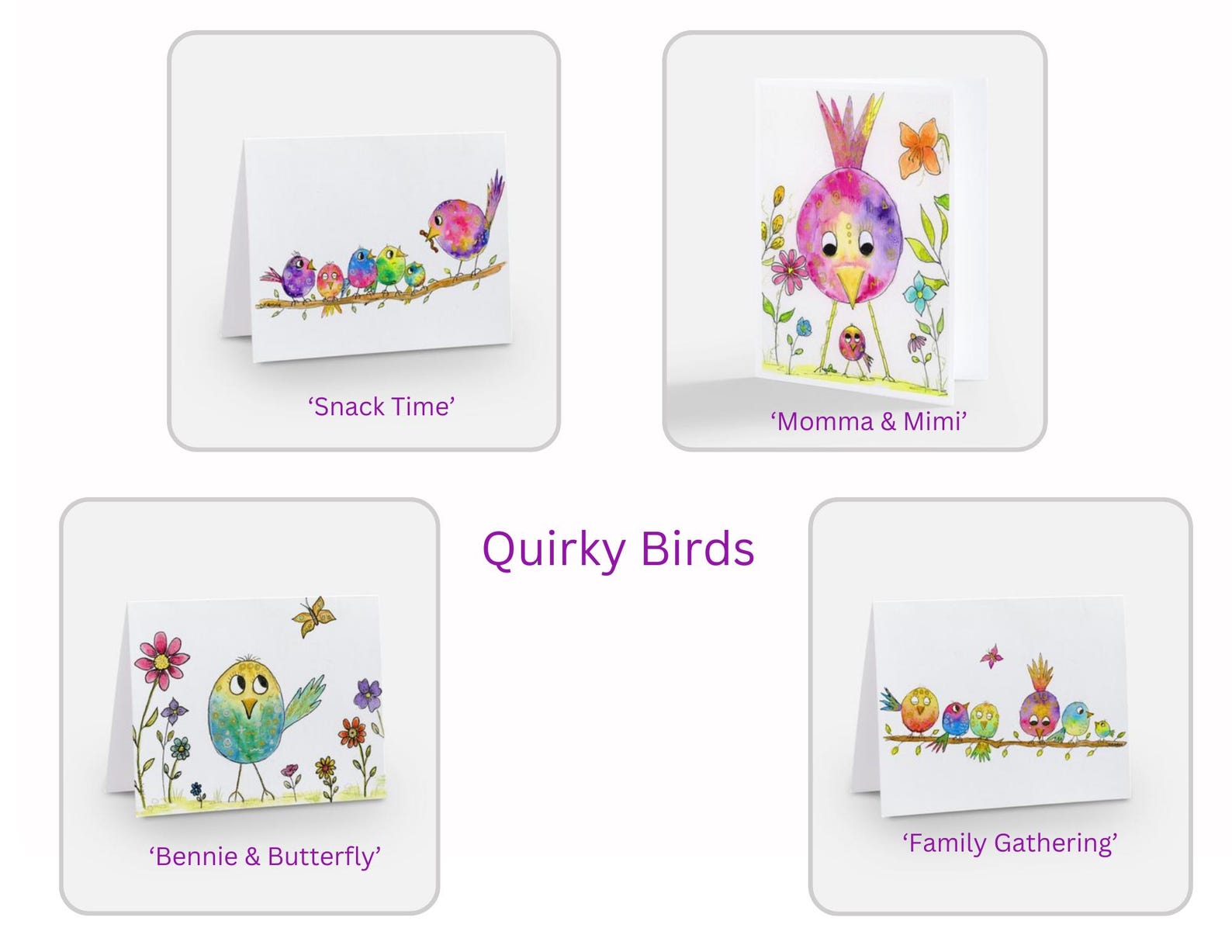 Whimsical Watercolor Bird Notecards, Quirky Birds Series, Cheerful ...