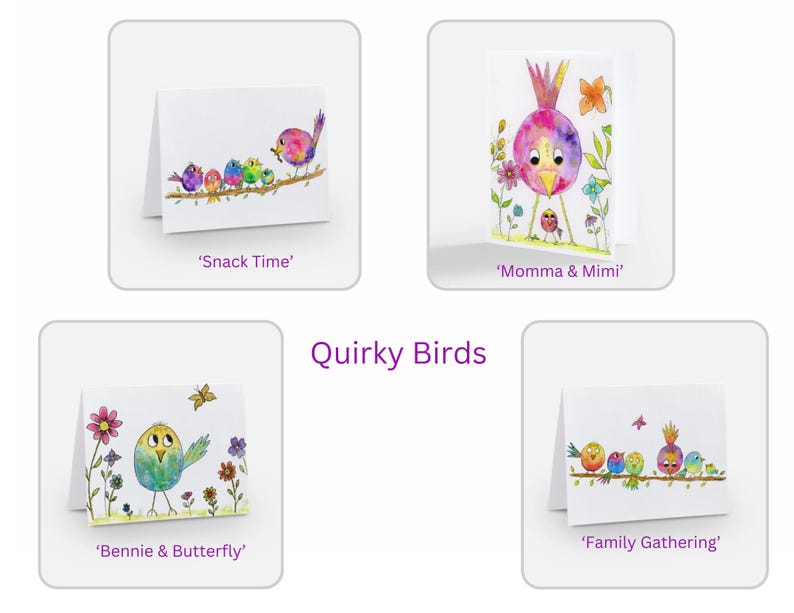 Whimsical Watercolor Bird Notecards, Quirky Birds Series, Cheerful ...