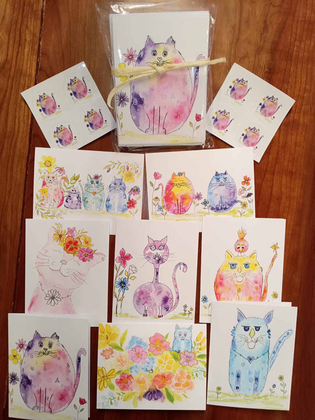 Whimsical Watercolor Cat Note Cards, Colorful & Cheerful Greeting Cards ...