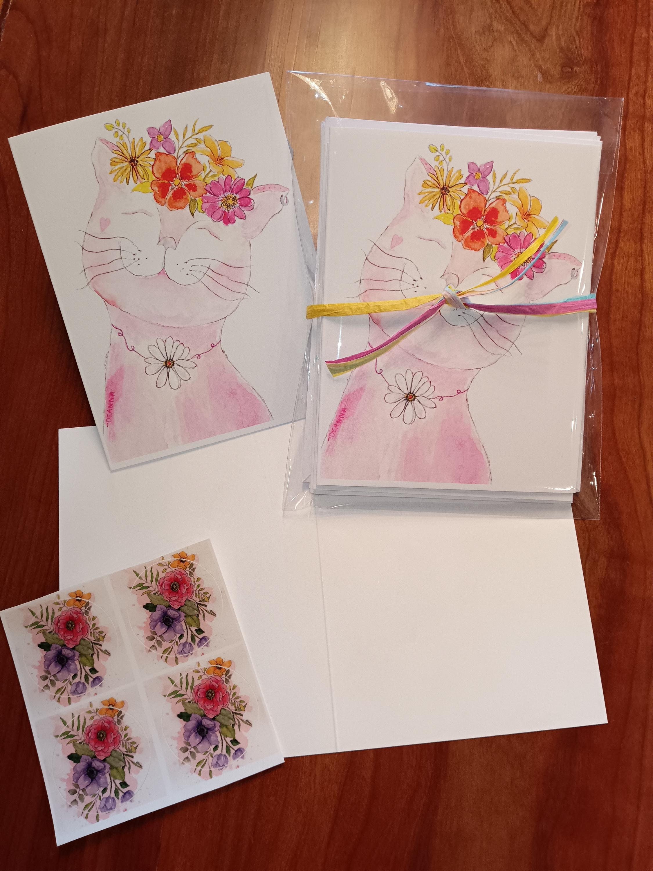 Whimsical Watercolor Cat Note Cards, 'kiki' cats With Tatts, 5 Cards ...