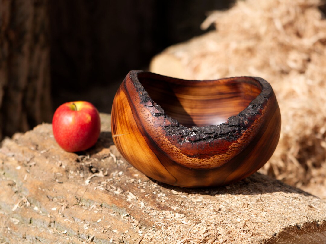 Large Wooden Bowl From Natural Willow Wood With Bark, Treated With Fire ...