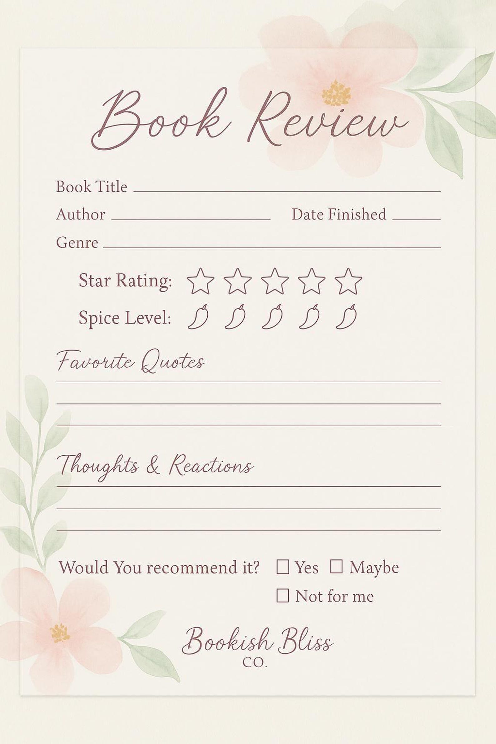 Whimsical Book Review Printable | Star & Spice Rating | Book Tracker ...