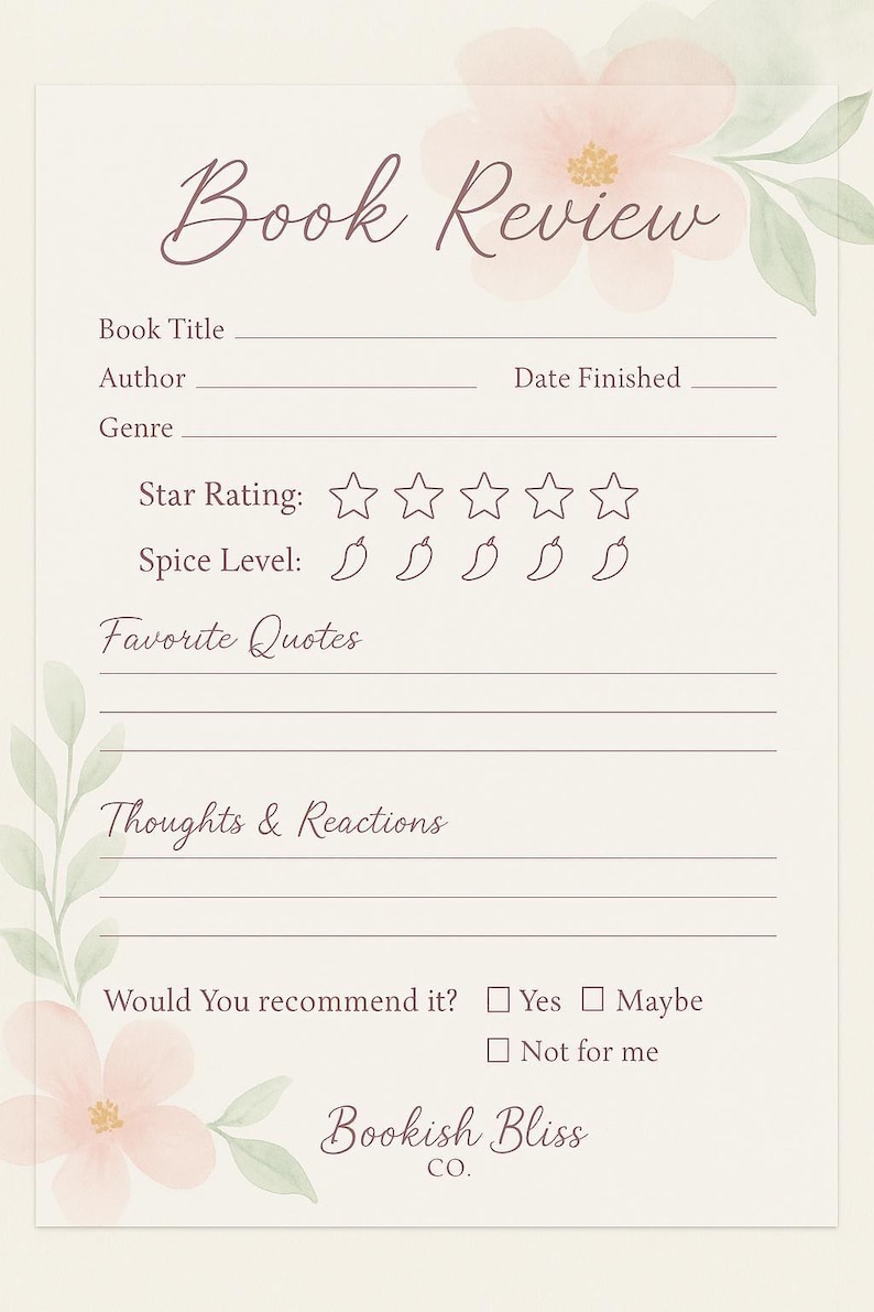 Whimsical Book Review Printable | Star & Spice Rating | Book Tracker ...
