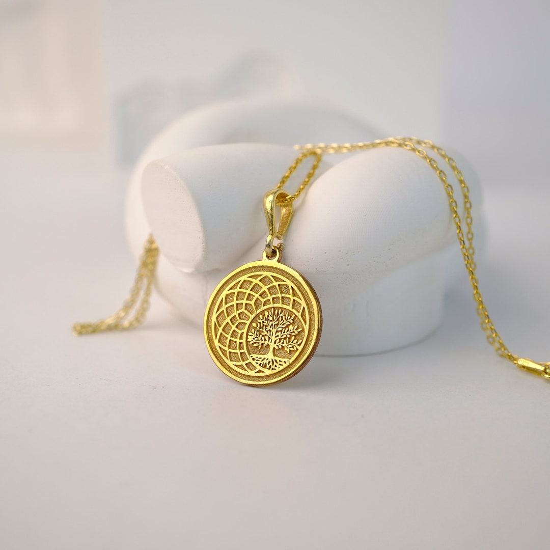 14K Real Gold Sacred Geometry Fusion Necklace With Tree of Life and ...