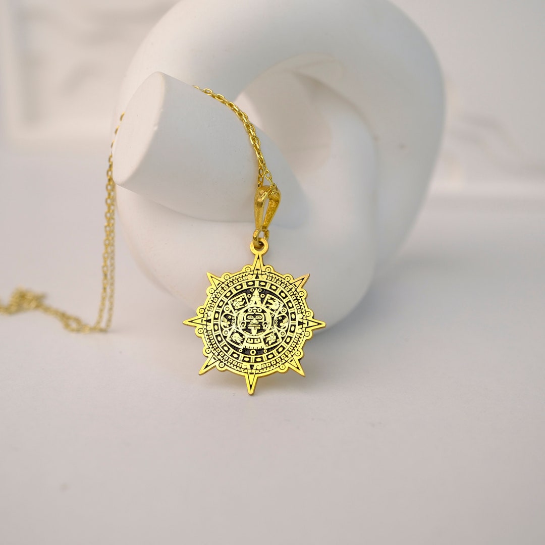 14K Solid Gold Handcrafted Aztec Calendar Necklace Mayan Sun Calendar ...