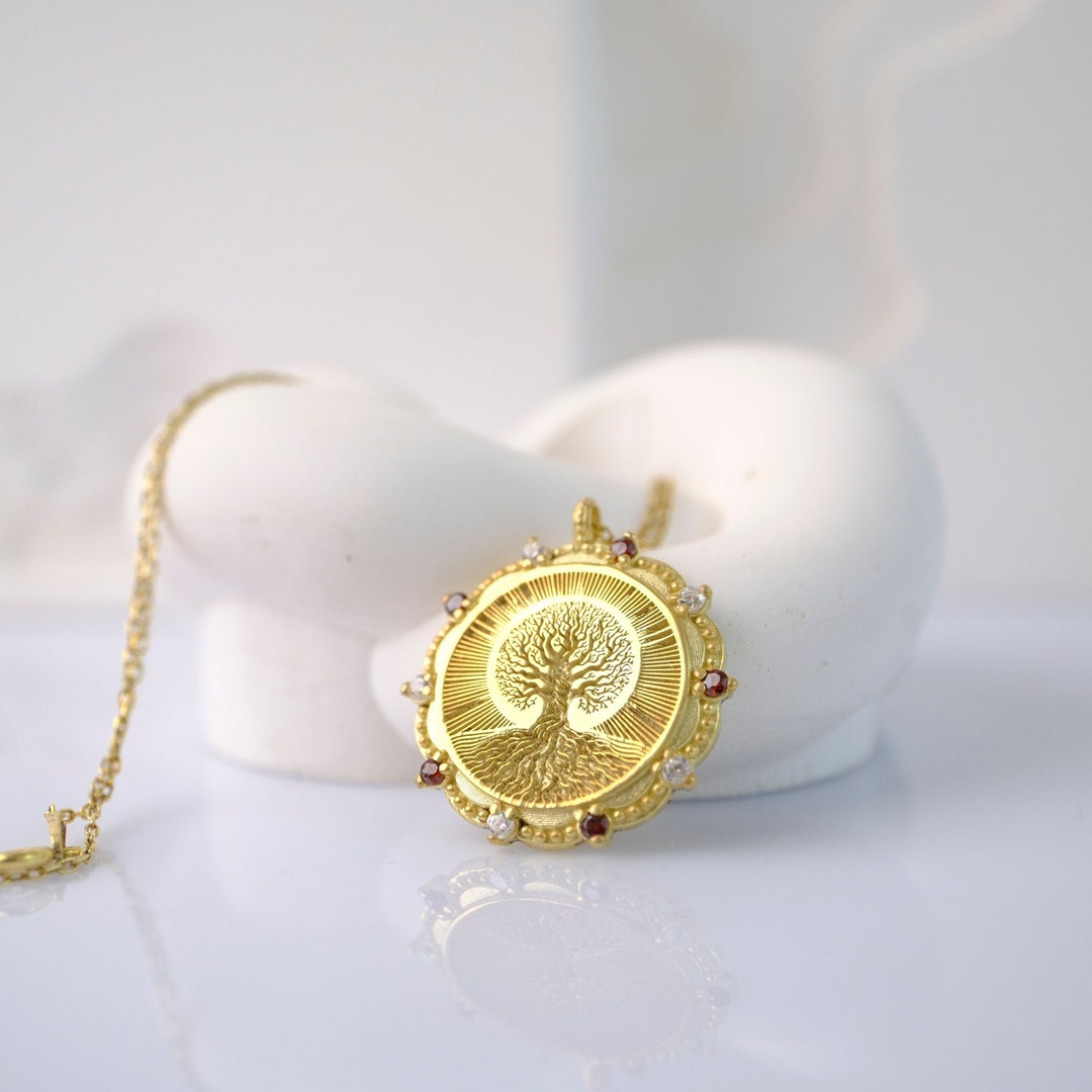 14K Solid Gold Elegant Gold Tree of Life Necklace With Gemstone Accents ...
