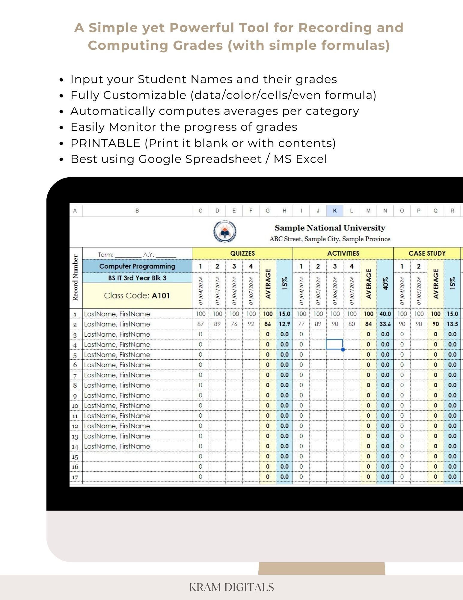 Simple Editable Printable One-page Auto Grade Sheet Class Record - Etsy