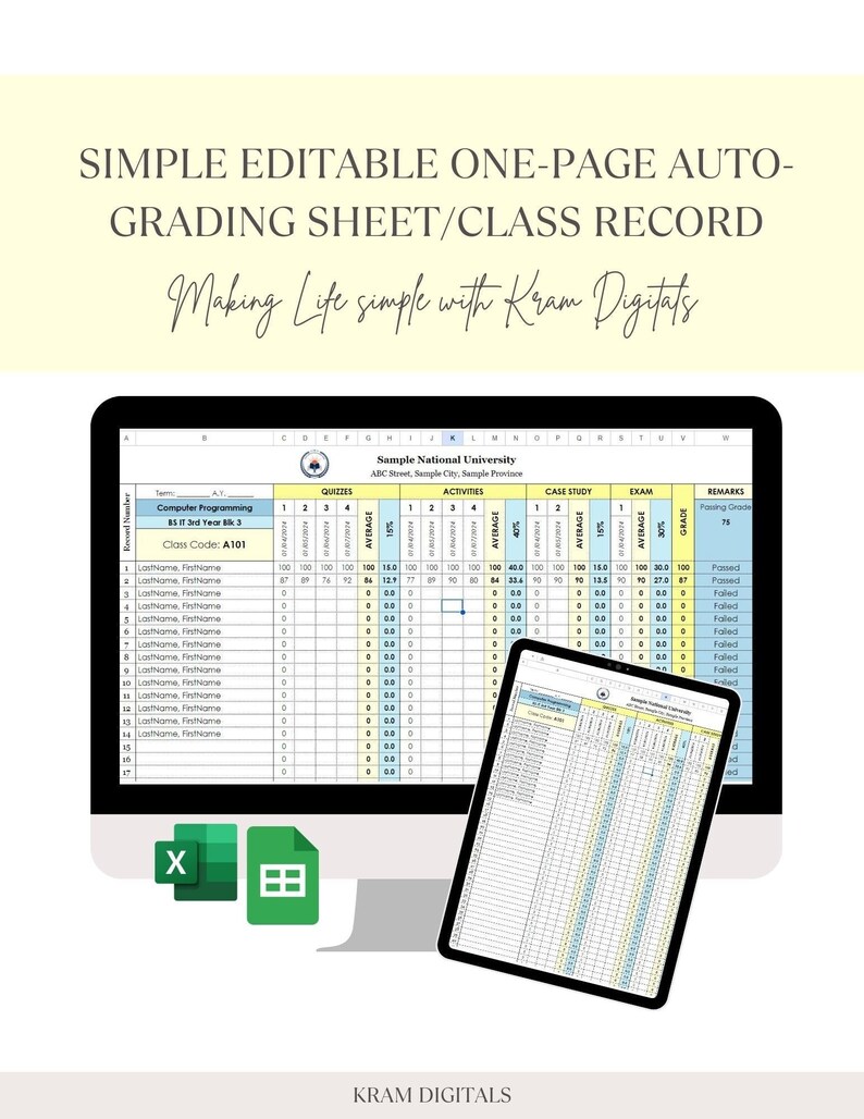 Simple Editable Printable One-page Auto Grade Sheet Class Record - Etsy