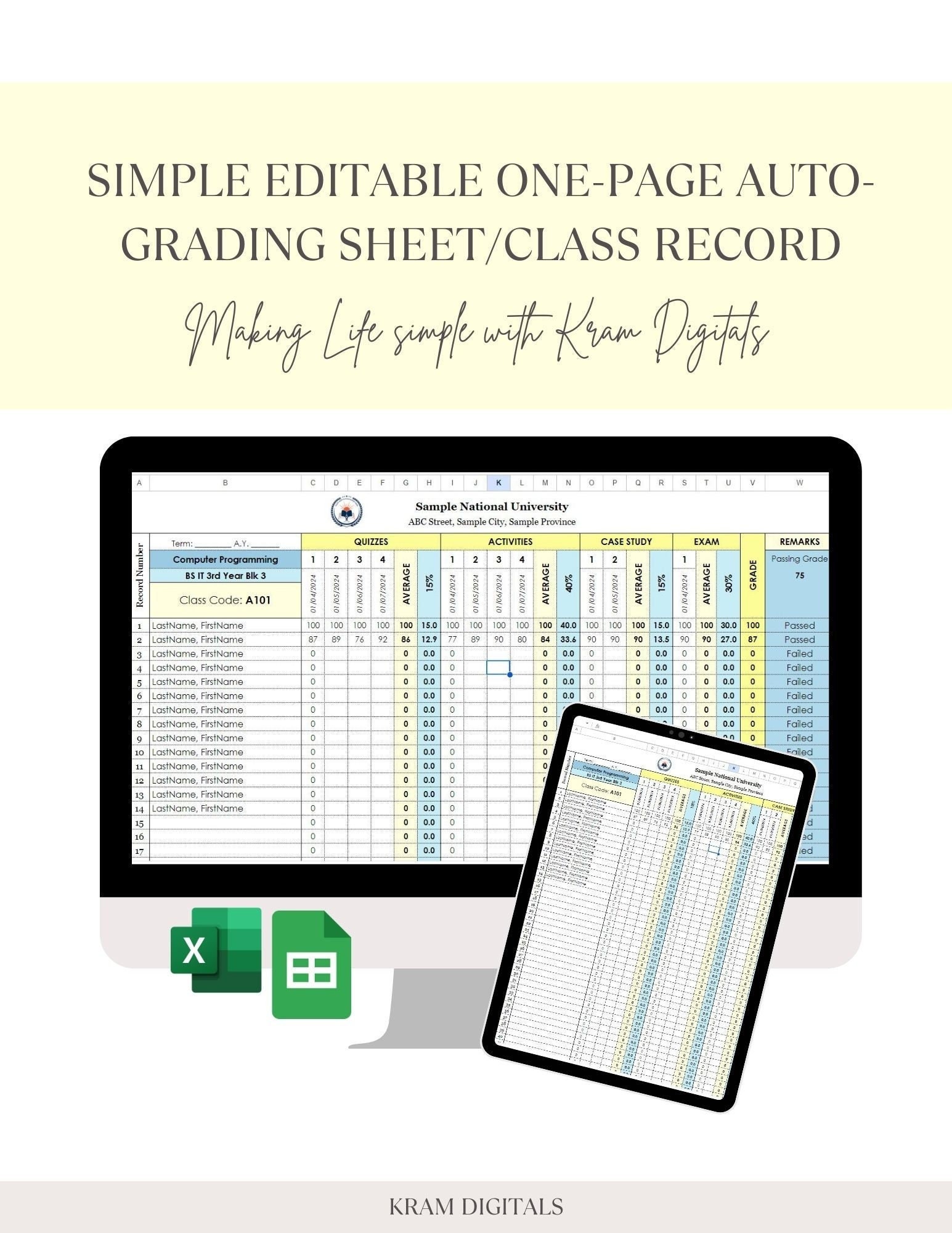 Simple Editable Printable One-page Auto Grade Sheet Class Record - Etsy