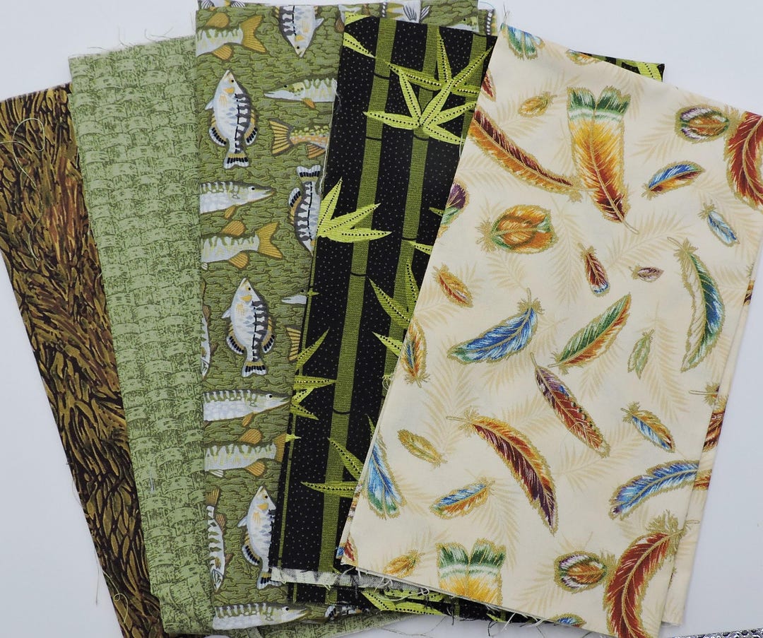 Assorted Fabric Pieces, Fish, Bamboo, Feather Prints, Quilting Supplies ...