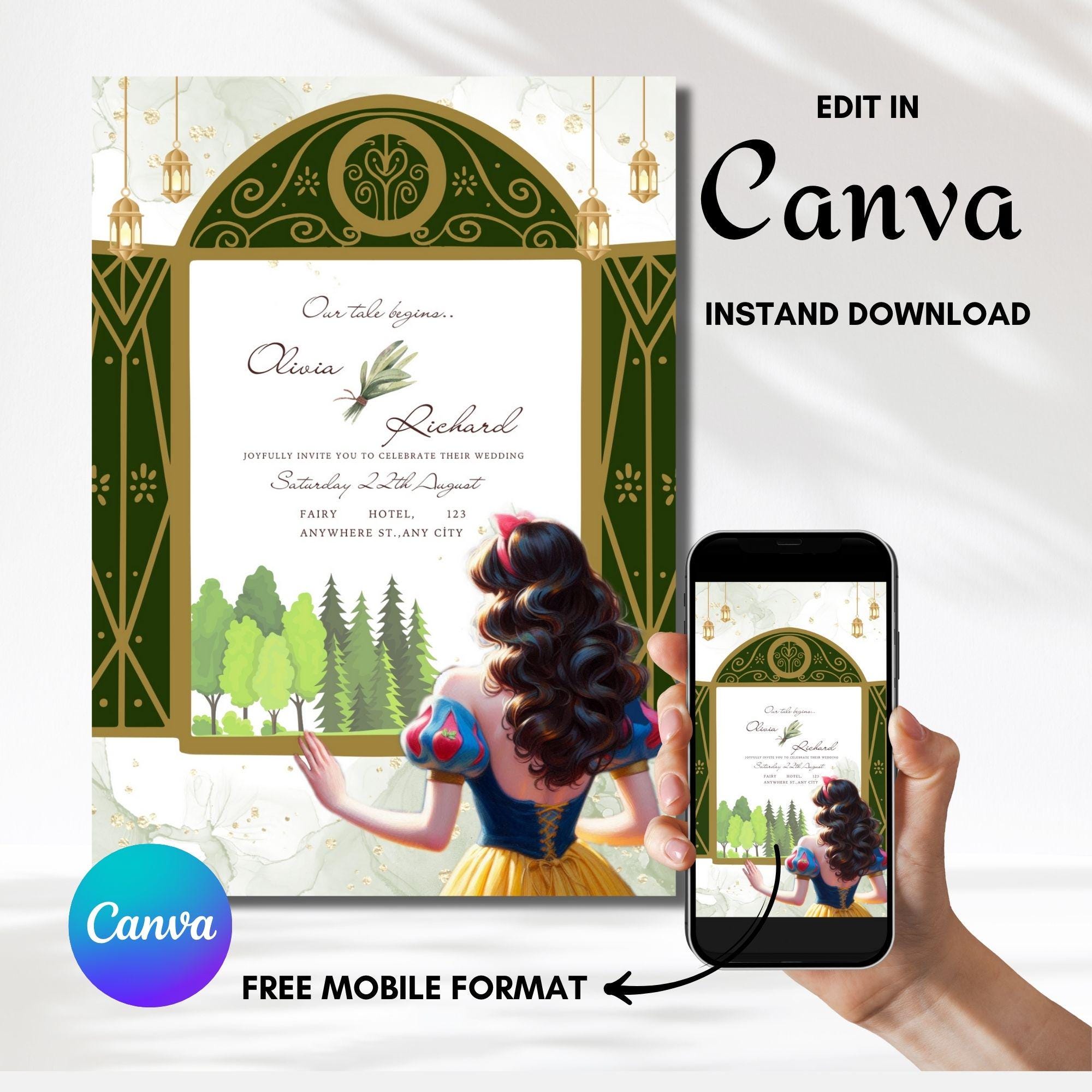 Princess Wedding Invitation, Snow White Theme, Digital and Editable ...