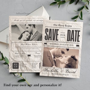 Retro Newspaper Wedding Invitation, Editable Canva Template, Vintage Wedding Programs, Save the ...