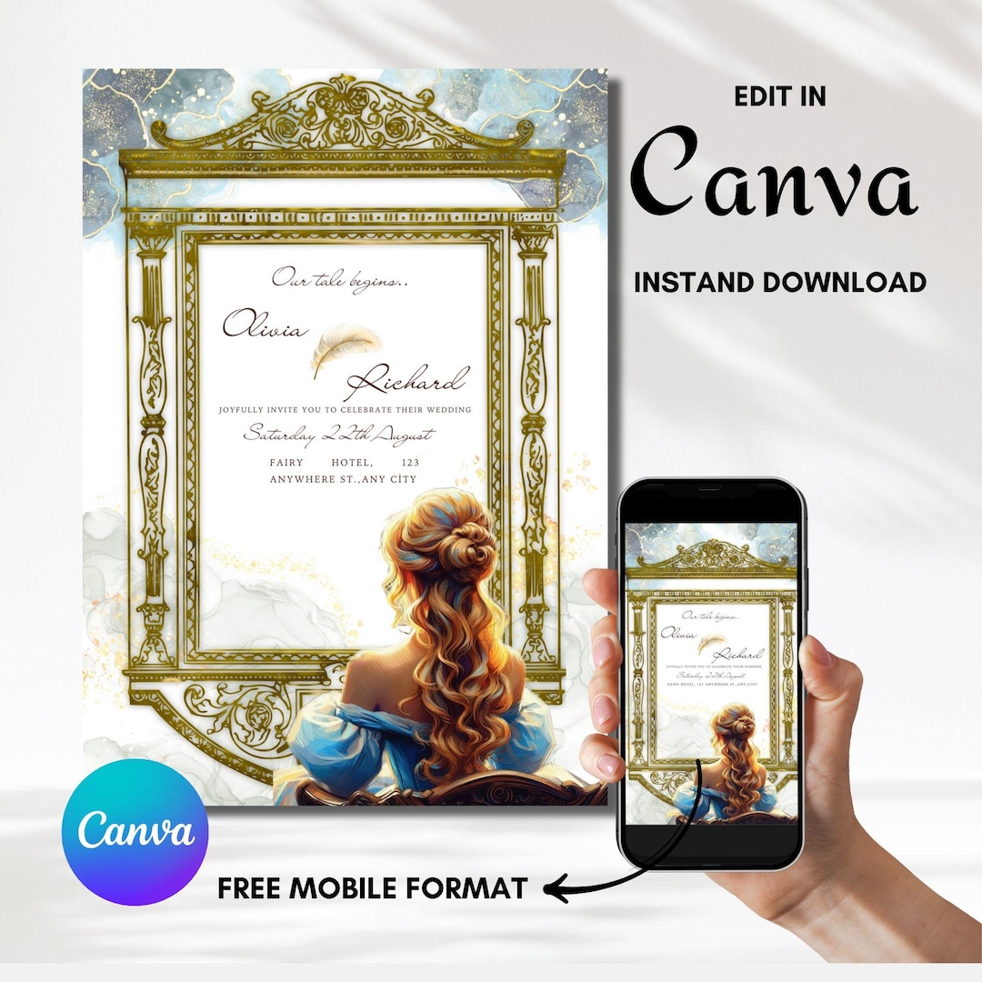 Princess Wedding Invitation, Cinderella Theme, Printable and Digital ...