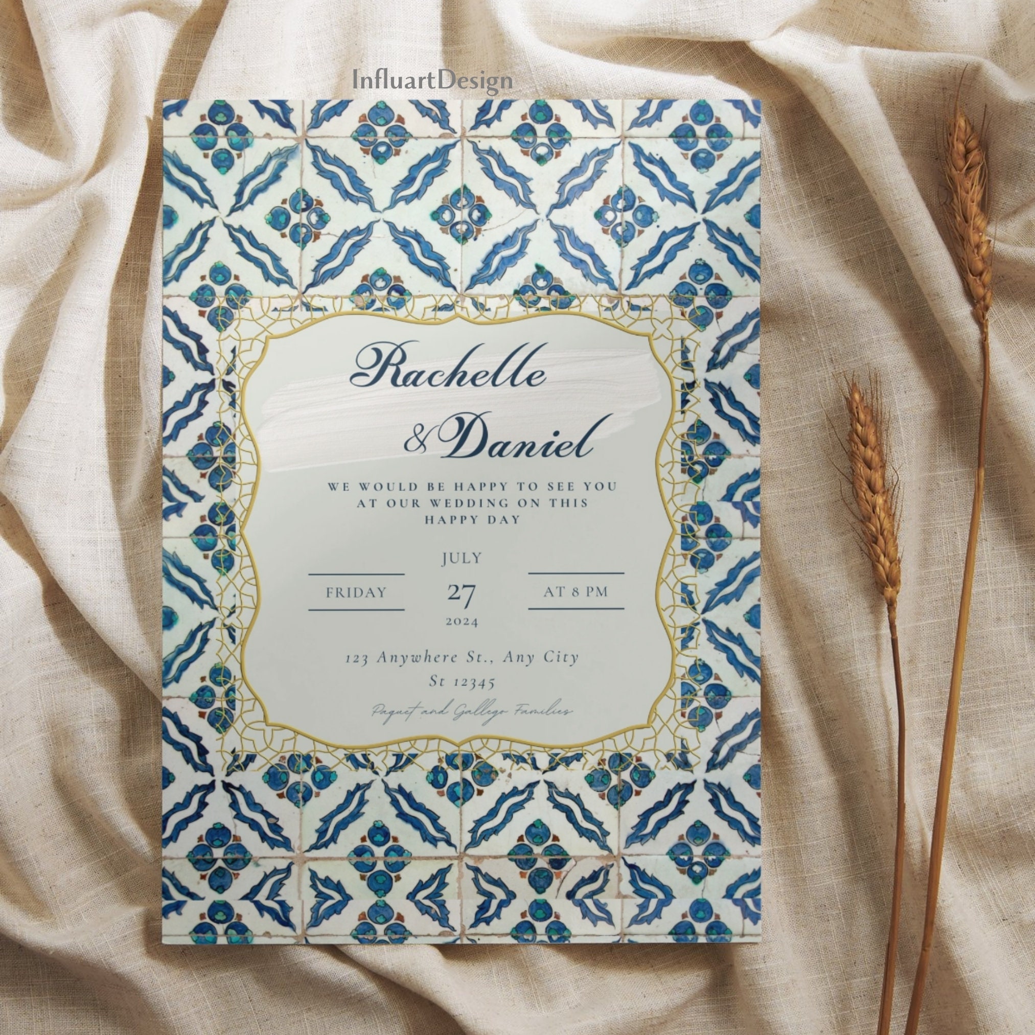 Mediterranean Tile Wedding Invitation, Blue Wedding Invite, Italian ...