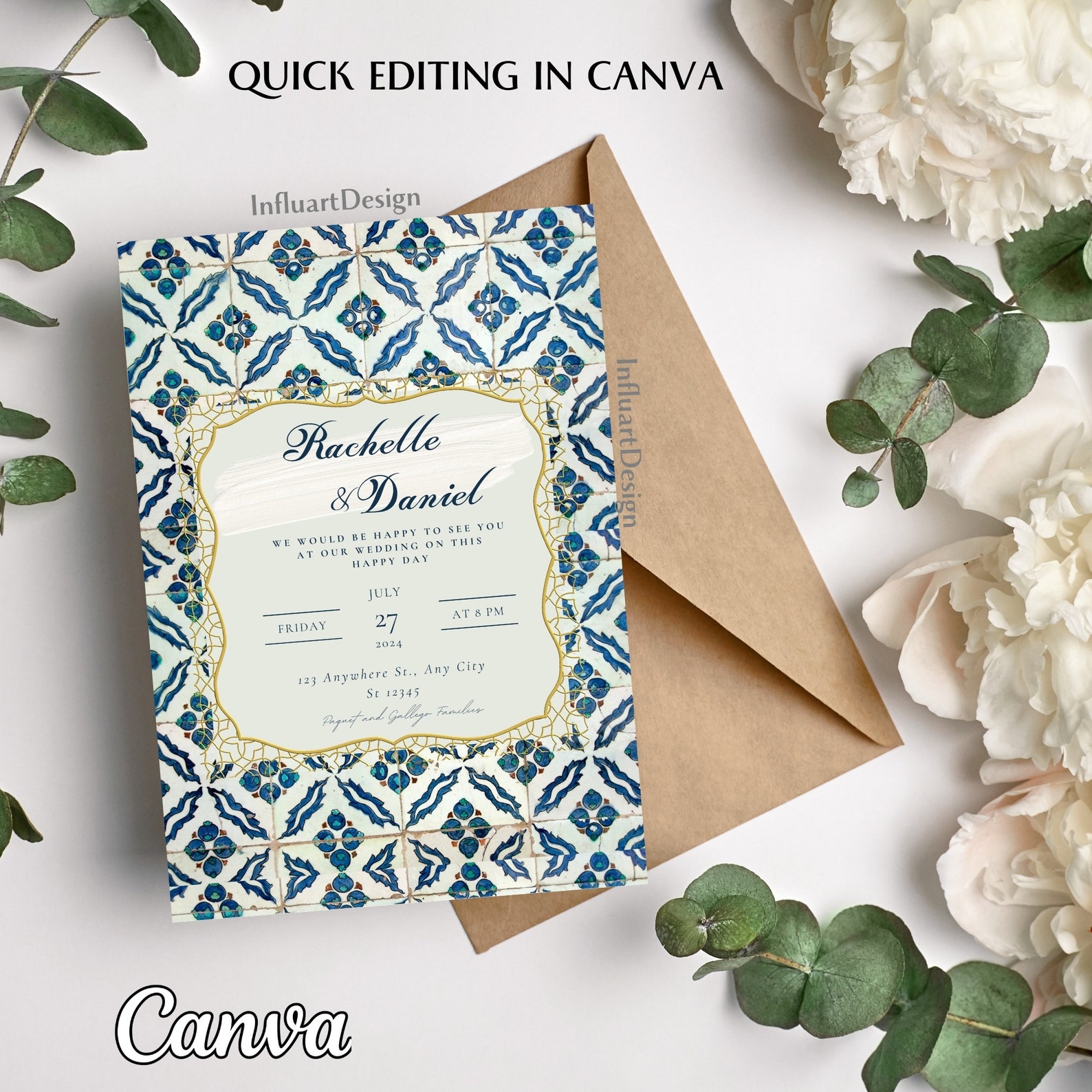Mediterranean Tile Wedding Invitation, Blue Wedding Invite, Italian ...