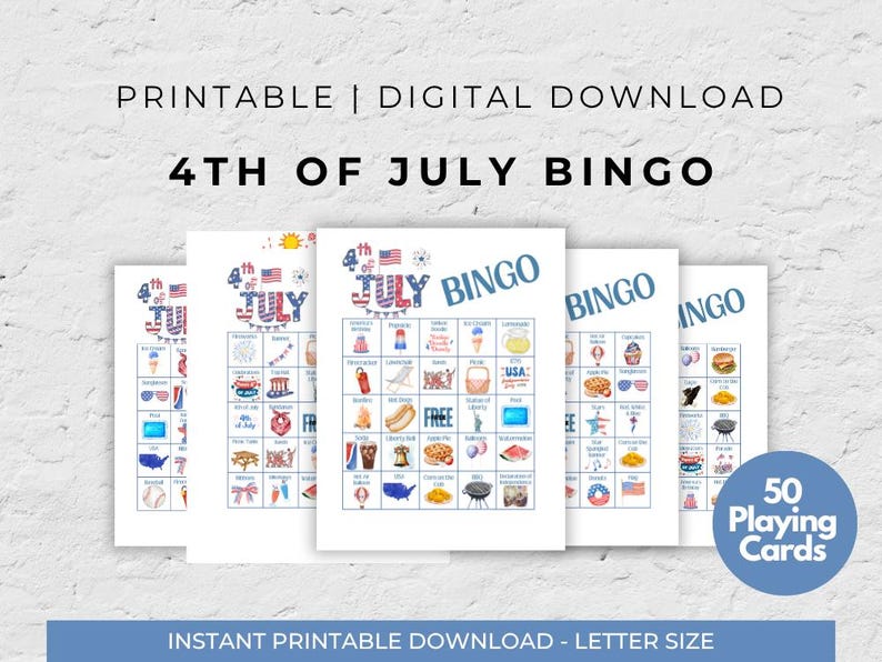 Printable 4th of July Bingo Game | 50 Unique Cards + Calling Cards ...