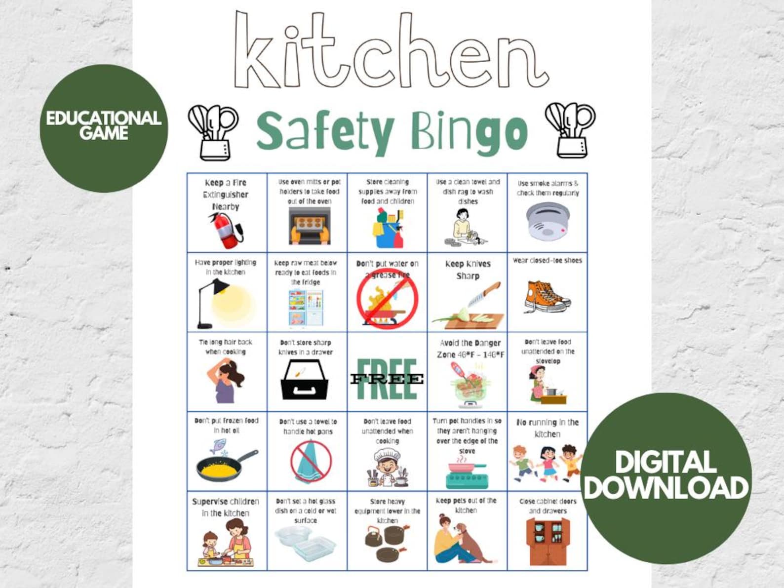 Kitchen Safety Bingo, 50 Printable Bingo Cards, Educational Game ...