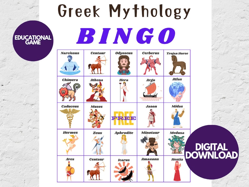 Greek Mythology Bingo, 50 Printable Bingo Cards, Educational Games ...