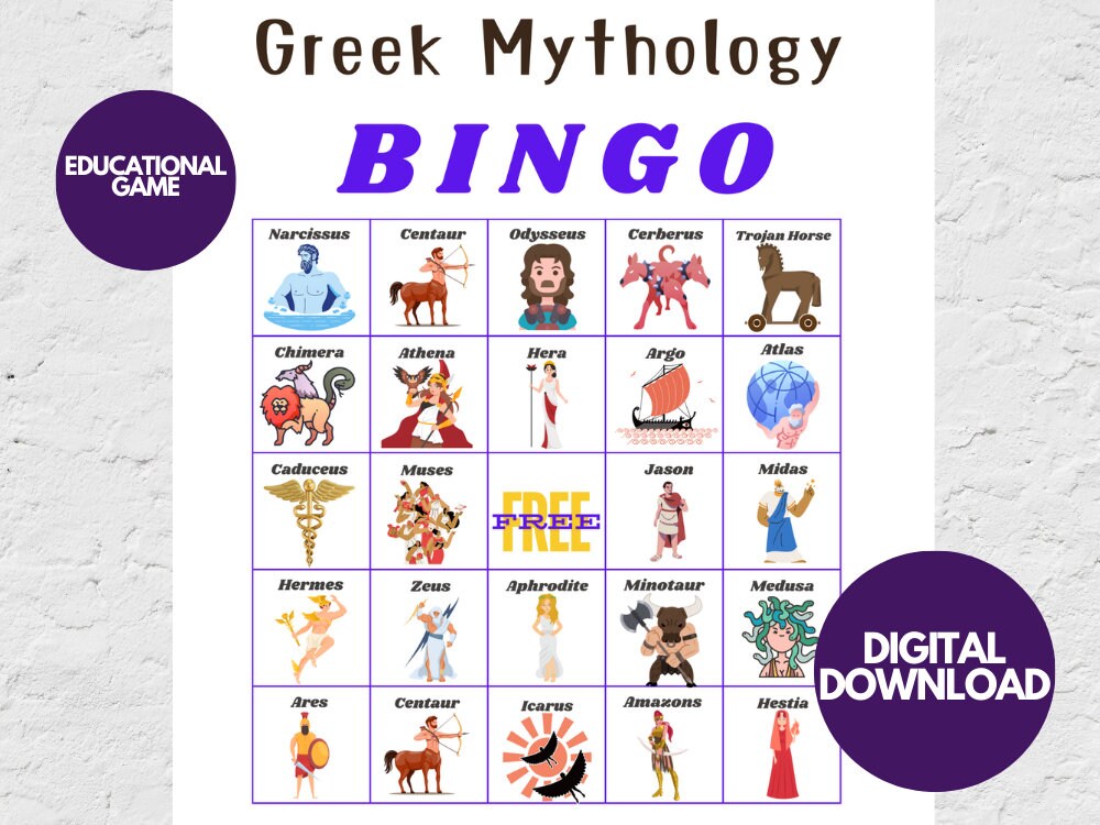 Greek Mythology Bingo, 50 Printable Bingo Cards, Educational Games ...