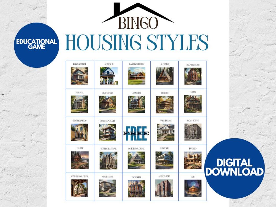 Housing Styles Bingo, 50 Printable Bingo Cards, Educational Games ...