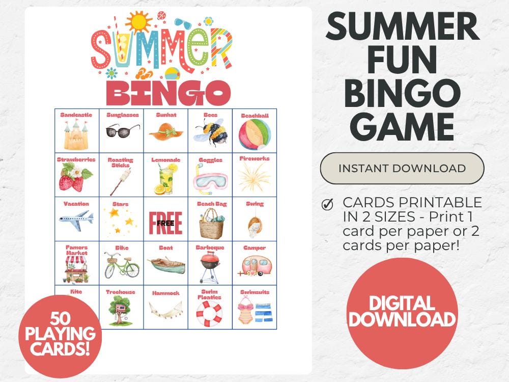 Summer Fun Bingo, 50 Printable Bingo Cards, Educational Games ...