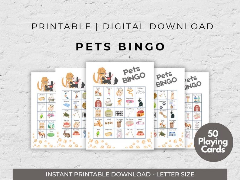 Pets Bingo Printable – 50 Bingo Cards + Markers | Animal Party Game for ...