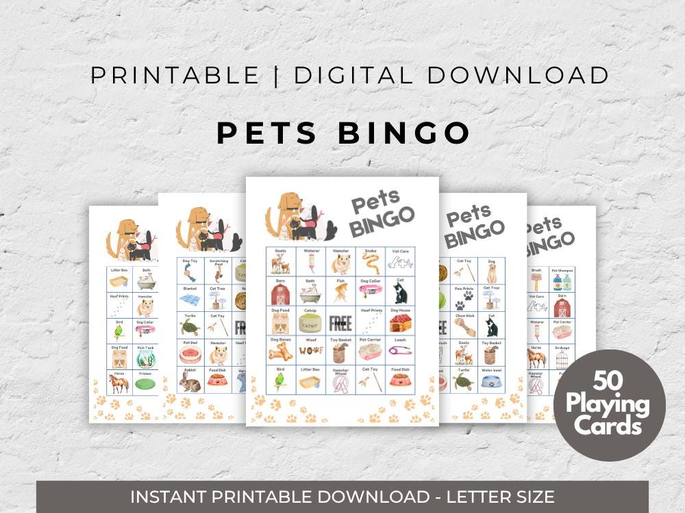 Pets Bingo Printable – 50 Bingo Cards + Markers | Animal Party Game for ...