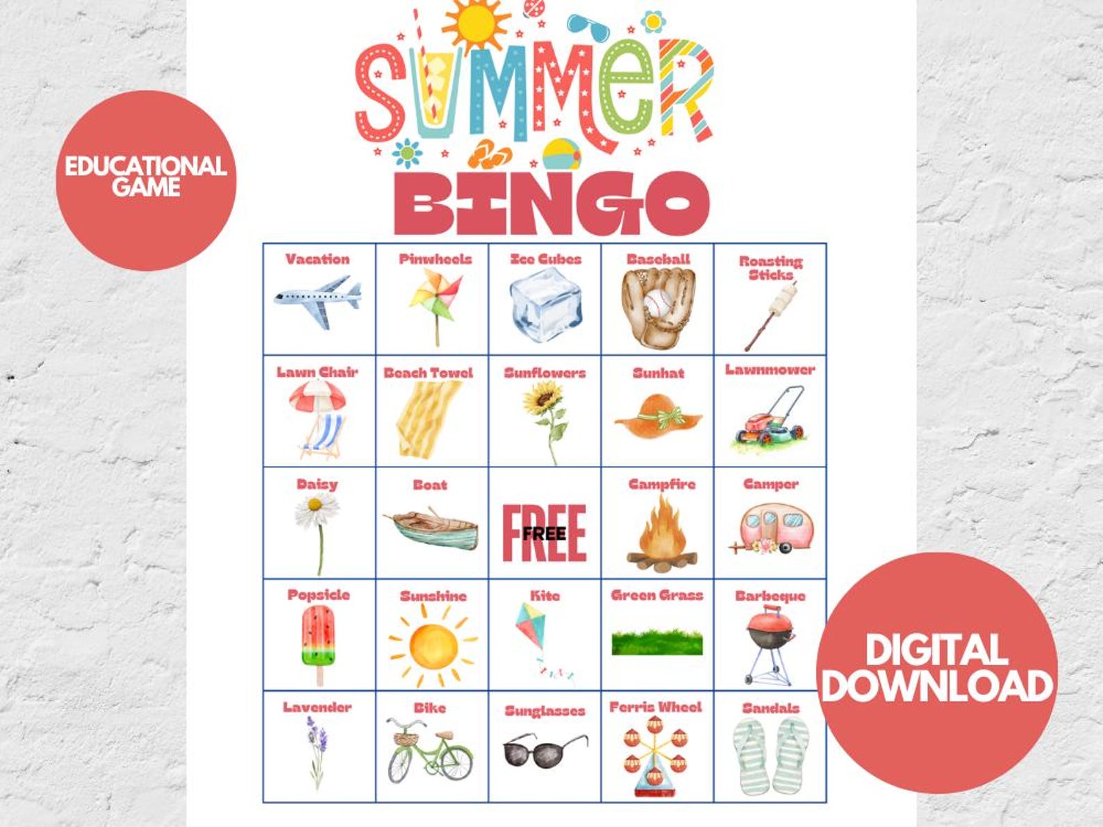 Summer Fun Bingo, 50 Printable Bingo Cards, Educational Games ...