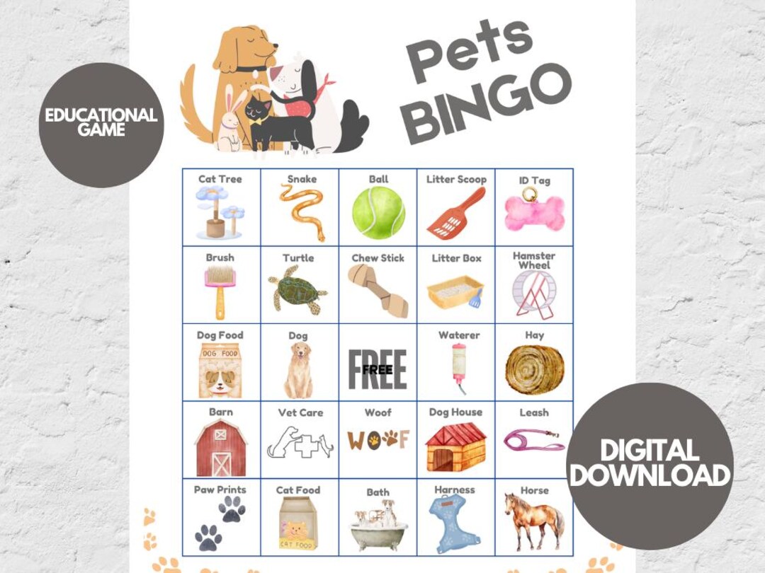 Pets Bingo Printable – 50 Bingo Cards + Markers | Animal Party Game for ...