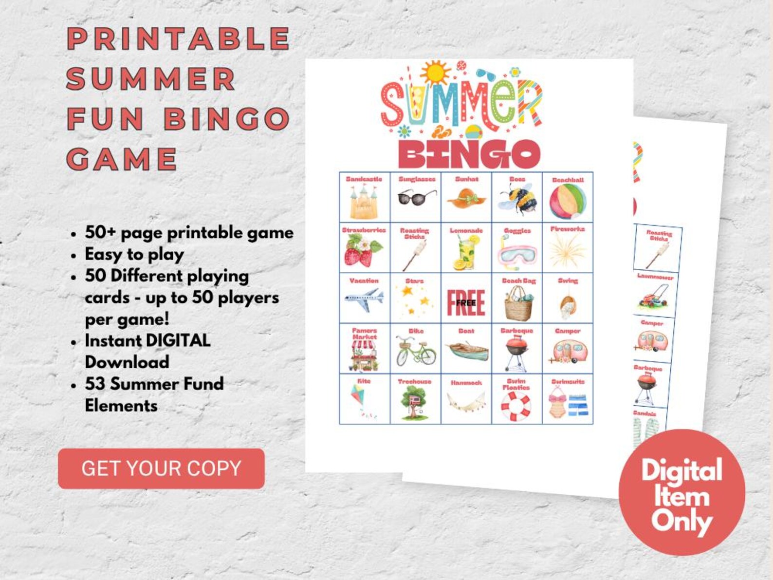Summer Fun Bingo, 50 Printable Bingo Cards, Educational Games ...