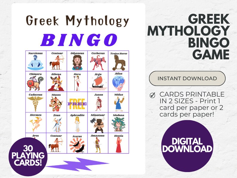 Greek Mythology Bingo, 50 Printable Bingo Cards, Educational Games ...