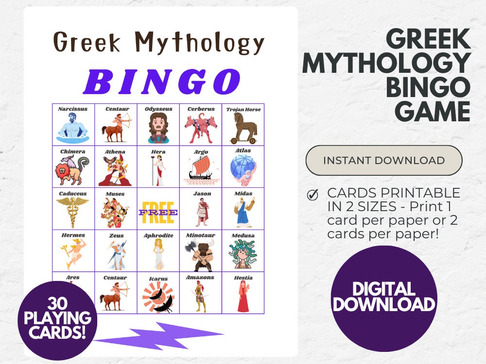 Greek Mythology Bingo, 50 Printable Bingo Cards, Educational Games ...