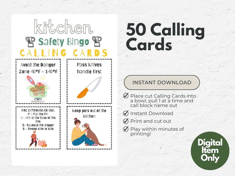 Kitchen Safety Bingo, 50 Printable Bingo Cards, Educational Game ...