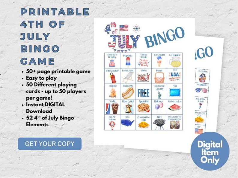 Printable 4th of July Bingo Game | 50 Unique Cards + Calling Cards ...