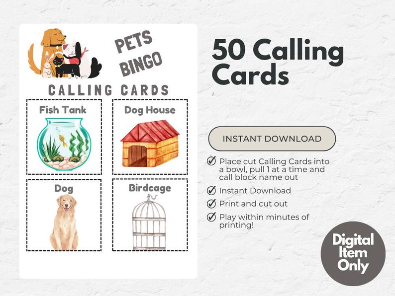 Pets Bingo Printable – 50 Bingo Cards + Markers | Animal Party Game for ...