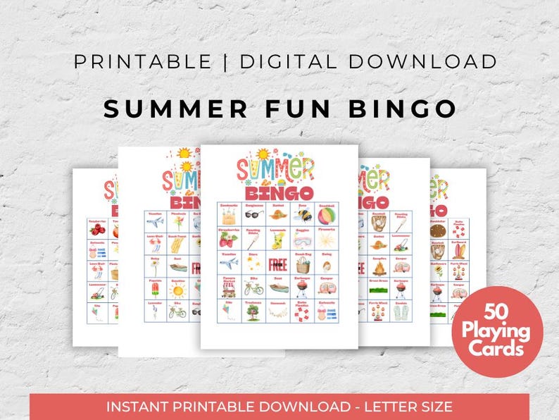 Summer Fun Bingo, 50 Printable Bingo Cards, Educational Games ...