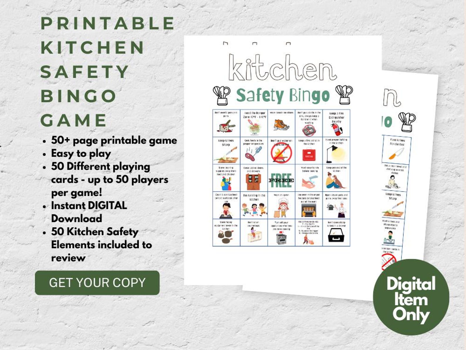 Kitchen Safety Bingo, 50 Printable Bingo Cards, Educational Game ...