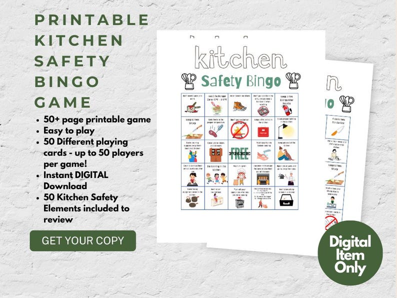 Kitchen Safety Bingo, 50 Printable Bingo Cards, Educational Game ...