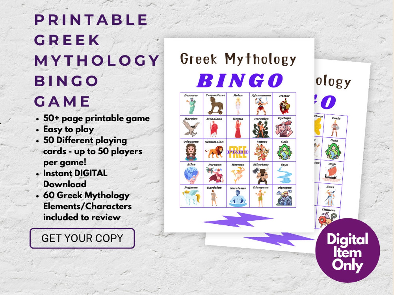 Greek Mythology Bingo, 50 Printable Bingo Cards, Educational Games ...