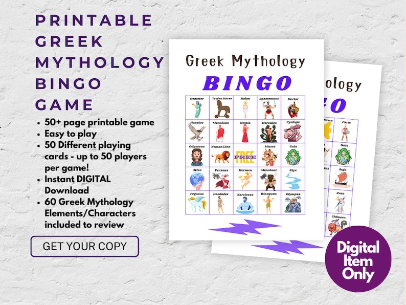 Greek Mythology Bingo, 50 Printable Bingo Cards, Educational Games ...