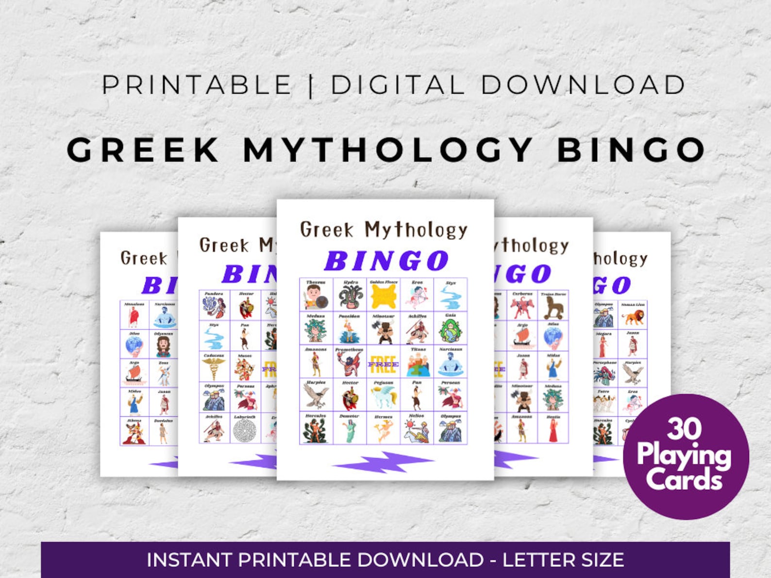Greek Mythology Bingo, 50 Printable Bingo Cards, Educational Games ...