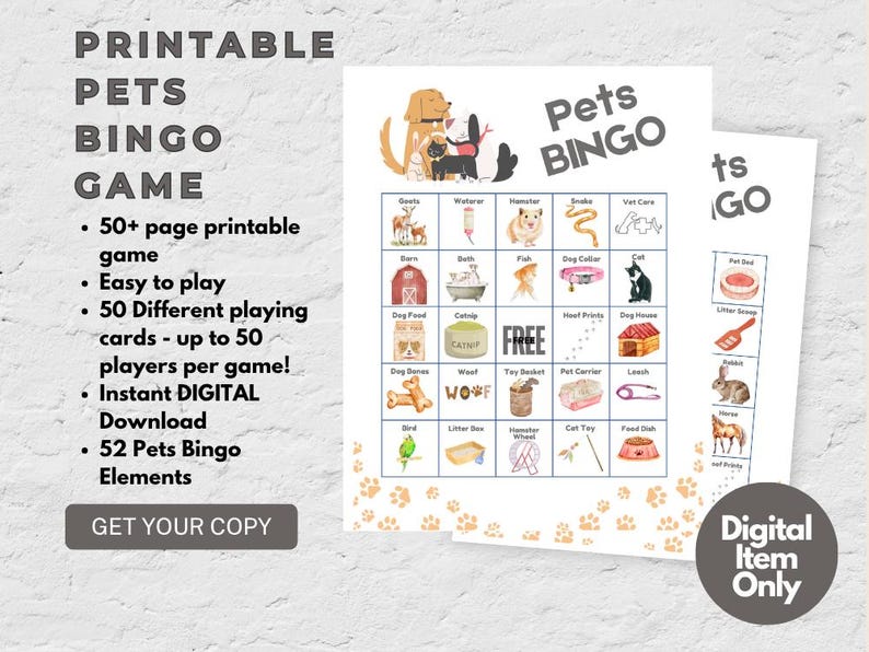 Pets Bingo Printable – 50 Bingo Cards + Markers | Animal Party Game for ...