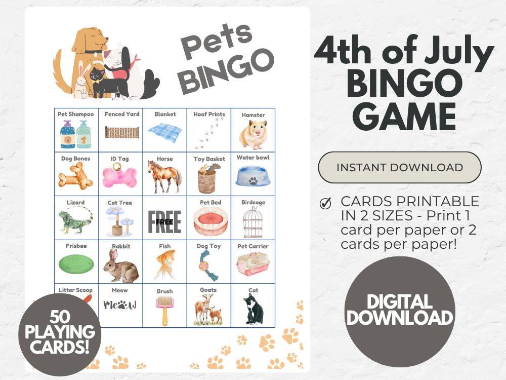 Pets Bingo Printable – 50 Bingo Cards + Markers | Animal Party Game for ...