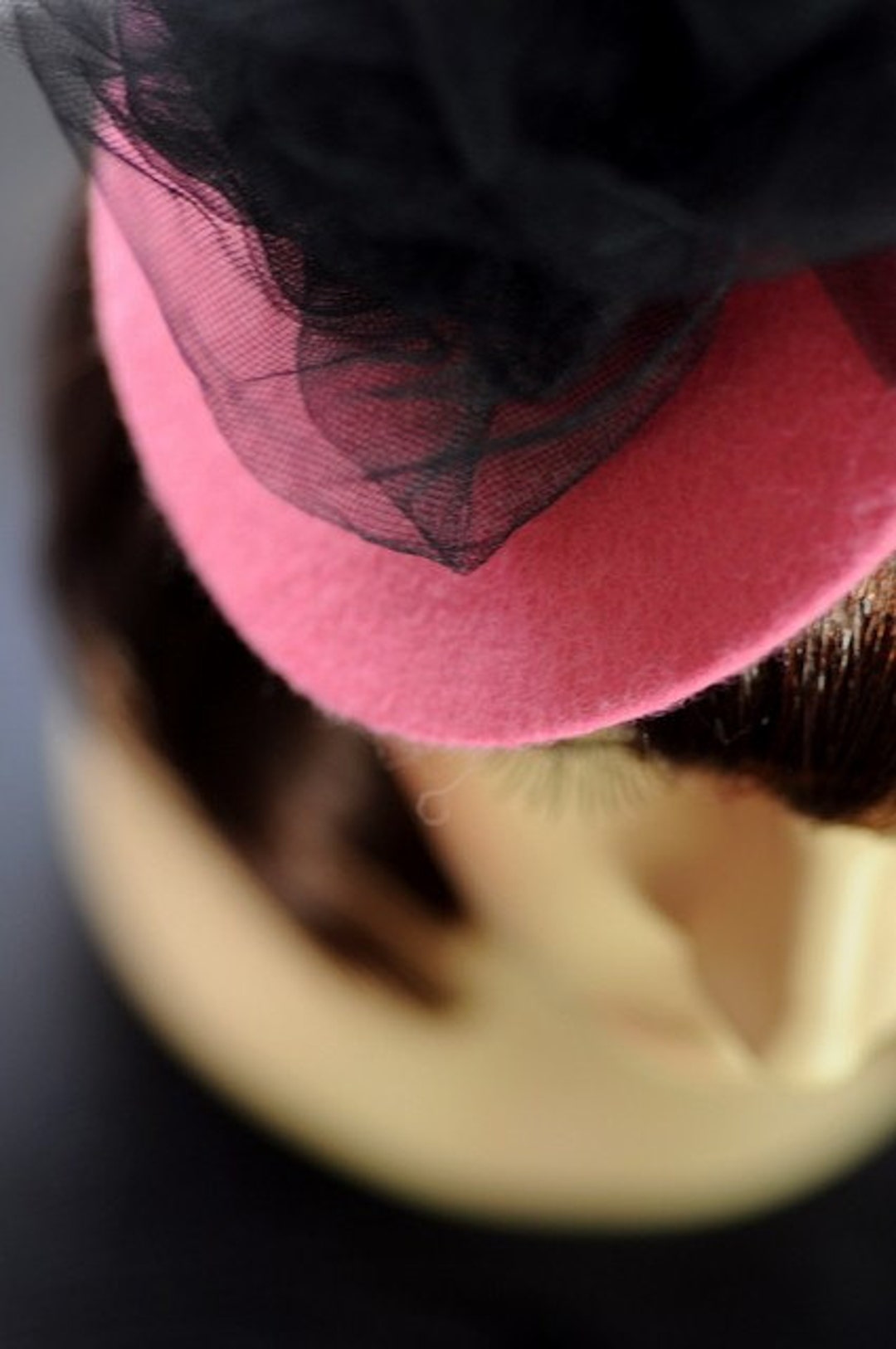 Pink Cocktail Beret With Black Tulle Poof Mini Felt Hat Hand - Etsy