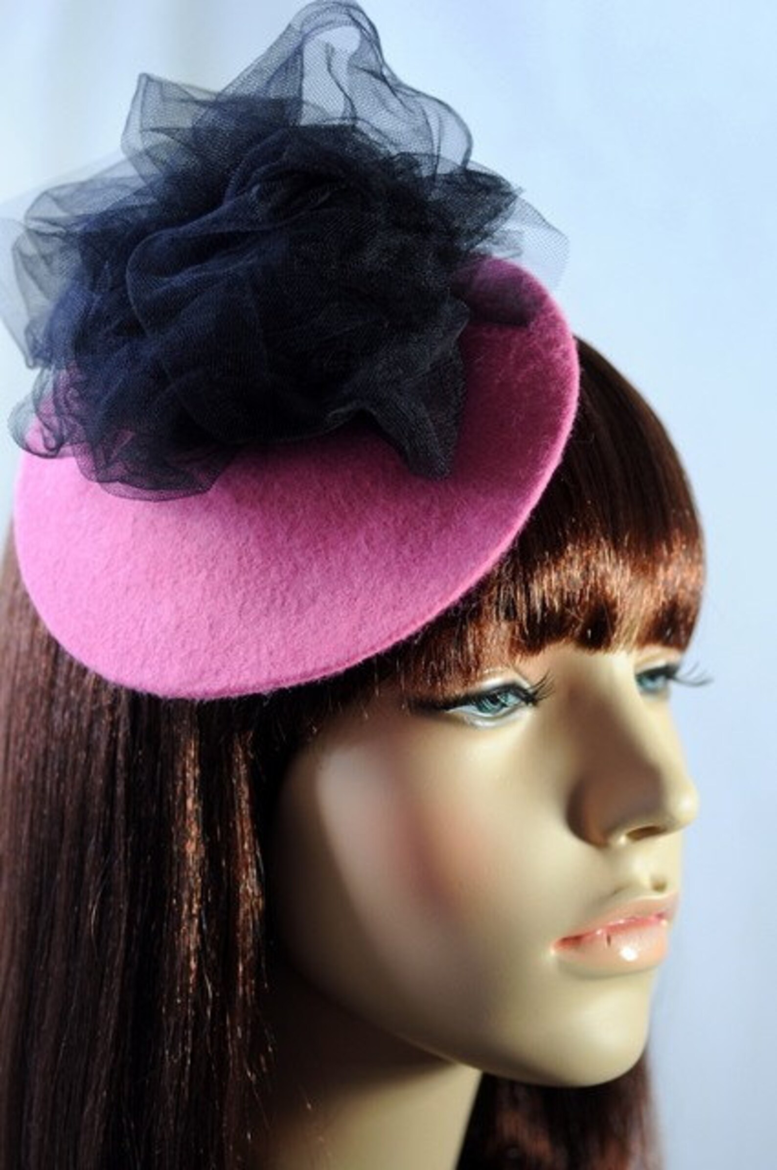 Pink Cocktail Beret With Black Tulle Poof Mini Felt Hat Hand - Etsy