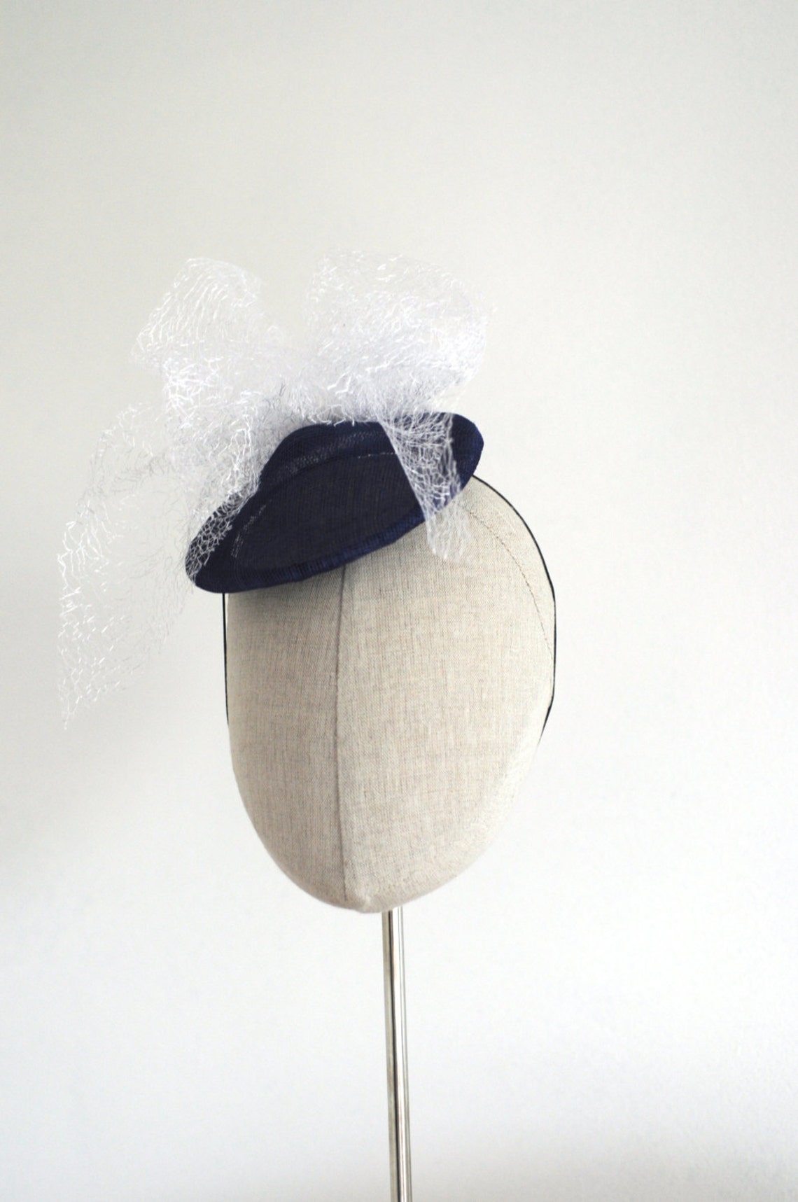 Navy Pyramid Cocktail Hat White Mesh Bow Millinery Fascinator | Etsy UK