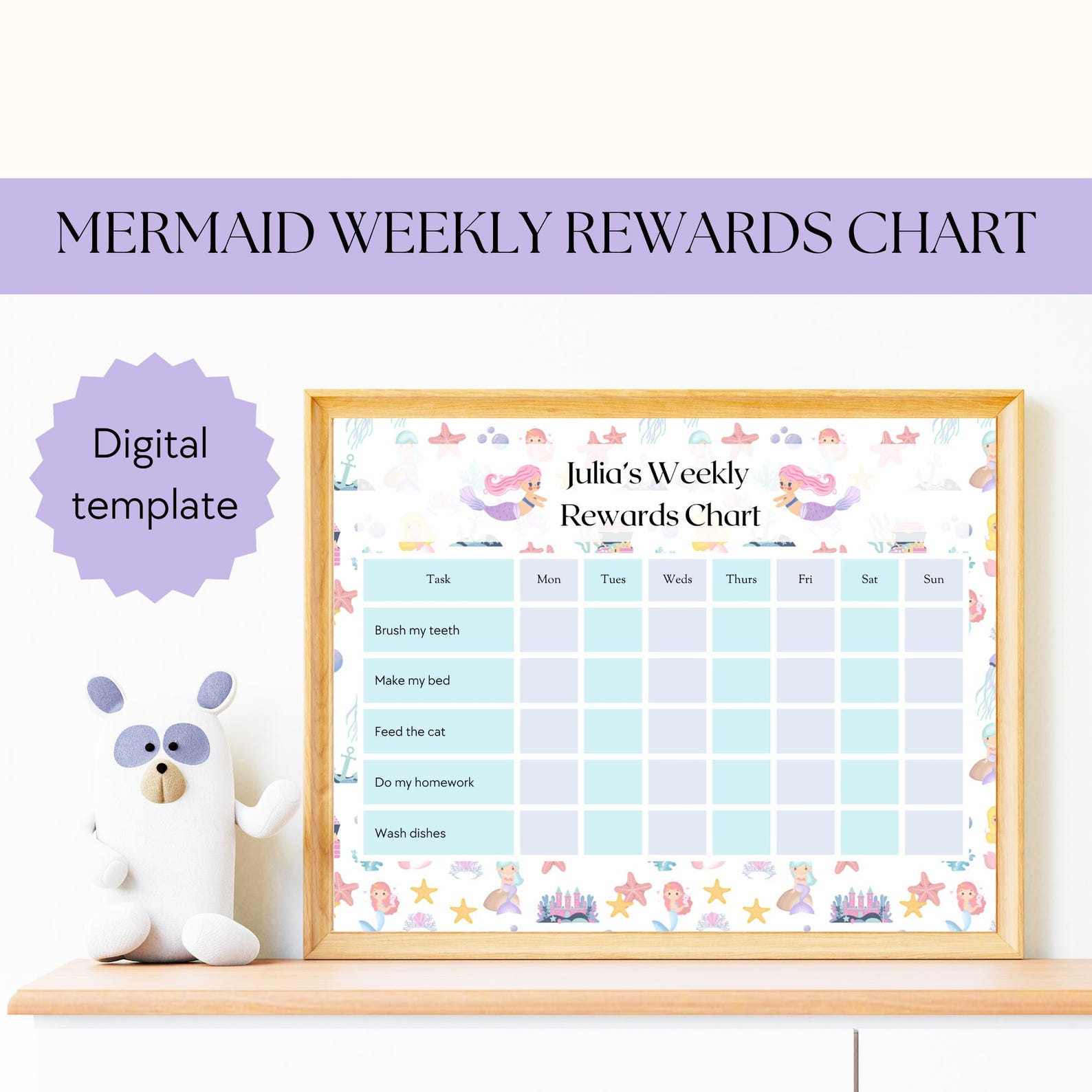 Printable Mermaid Kids Rewards Chart Kids Chore Chart Toddler Chore ...