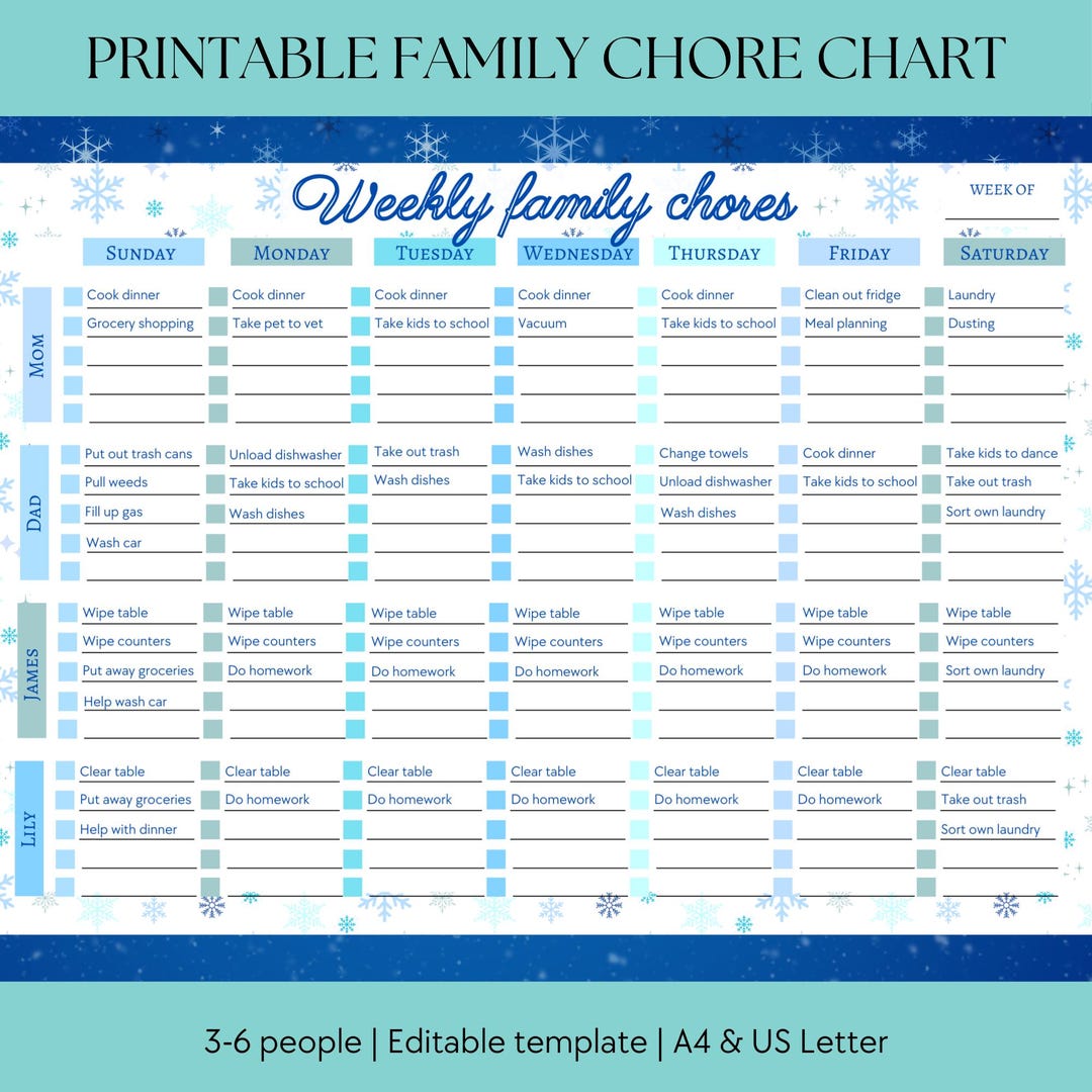 Family Chore Chart, Printable and Editable Chore Chart, Family Planner ...