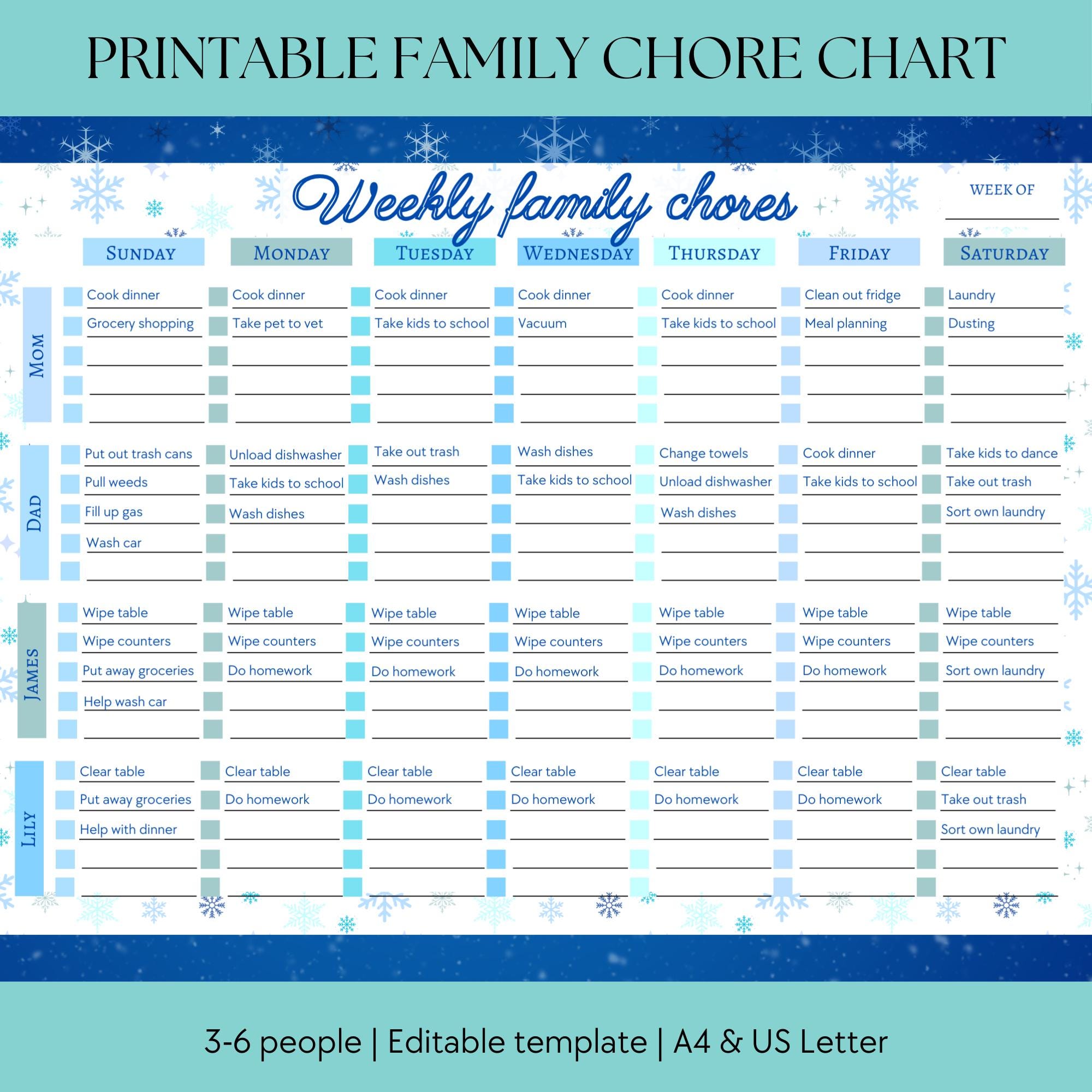 Family Chore Chart, Printable and Editable Chore Chart, Family Planner ...